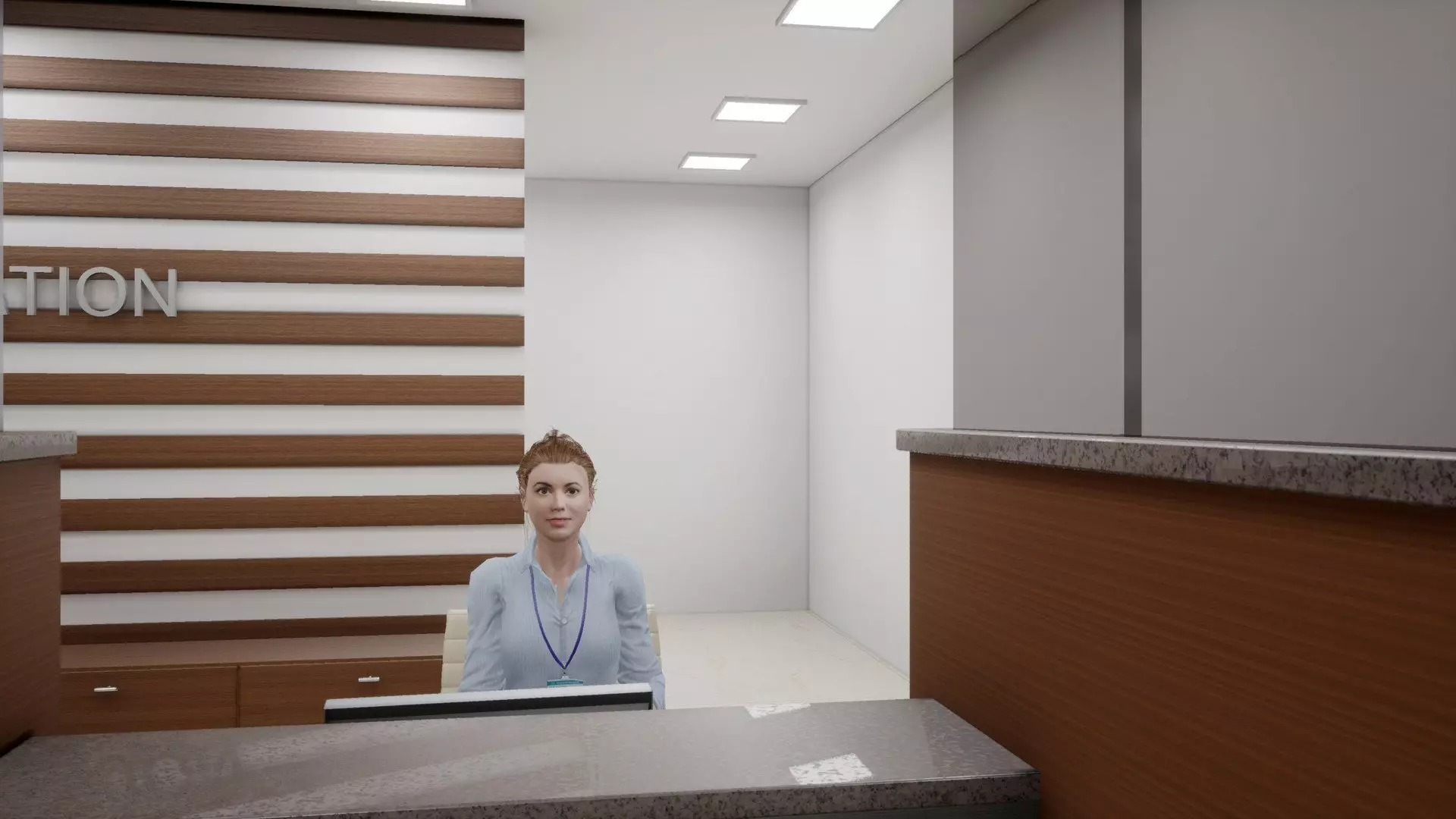 Figura 5: Una recepcionista virtual asseguda al seu escriptori.