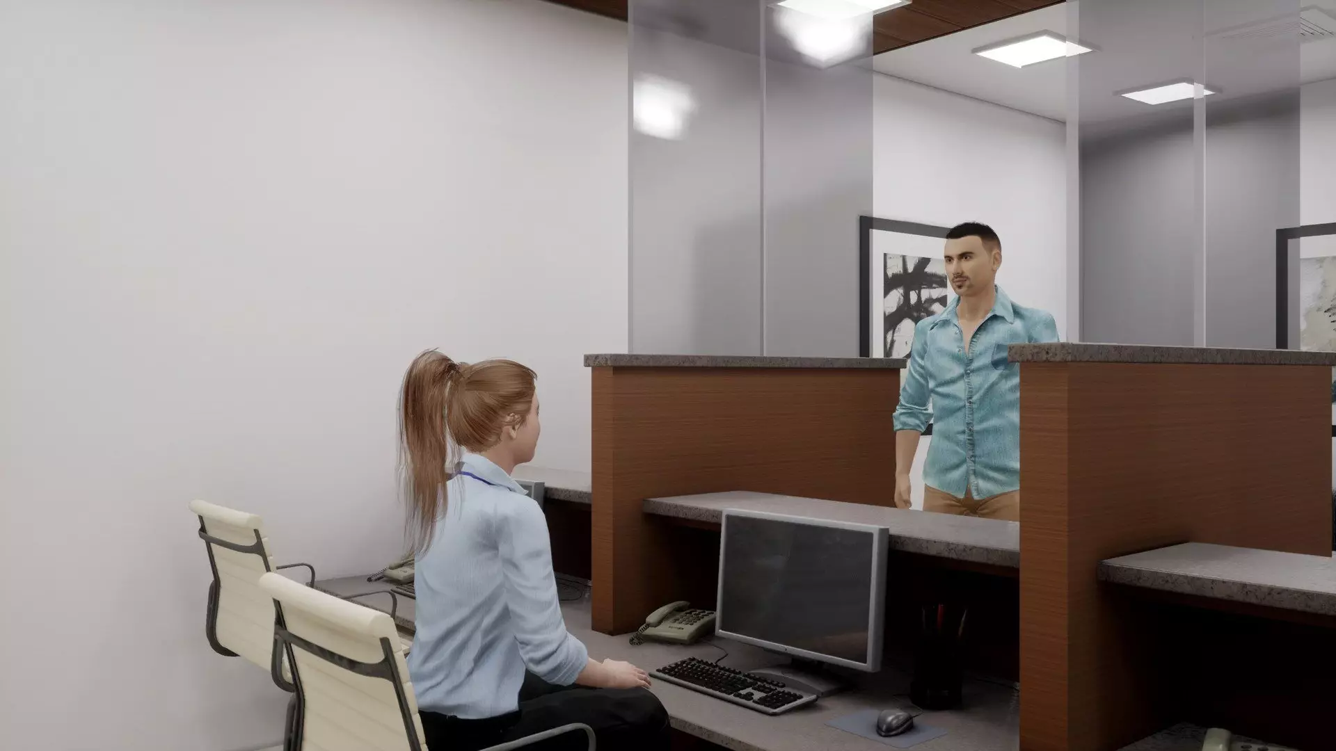 Figura 8: Un humà virtual parlant amb un familiar d'un pacient a la recepció.