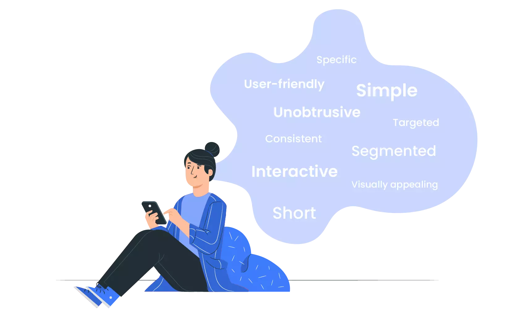 Personnage au téléphone réfléchissant aux principes d'apprentissage mobile