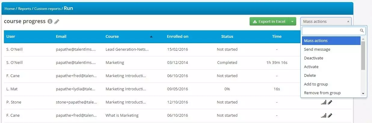 TalentLMS Features: Mass Aktiounen
